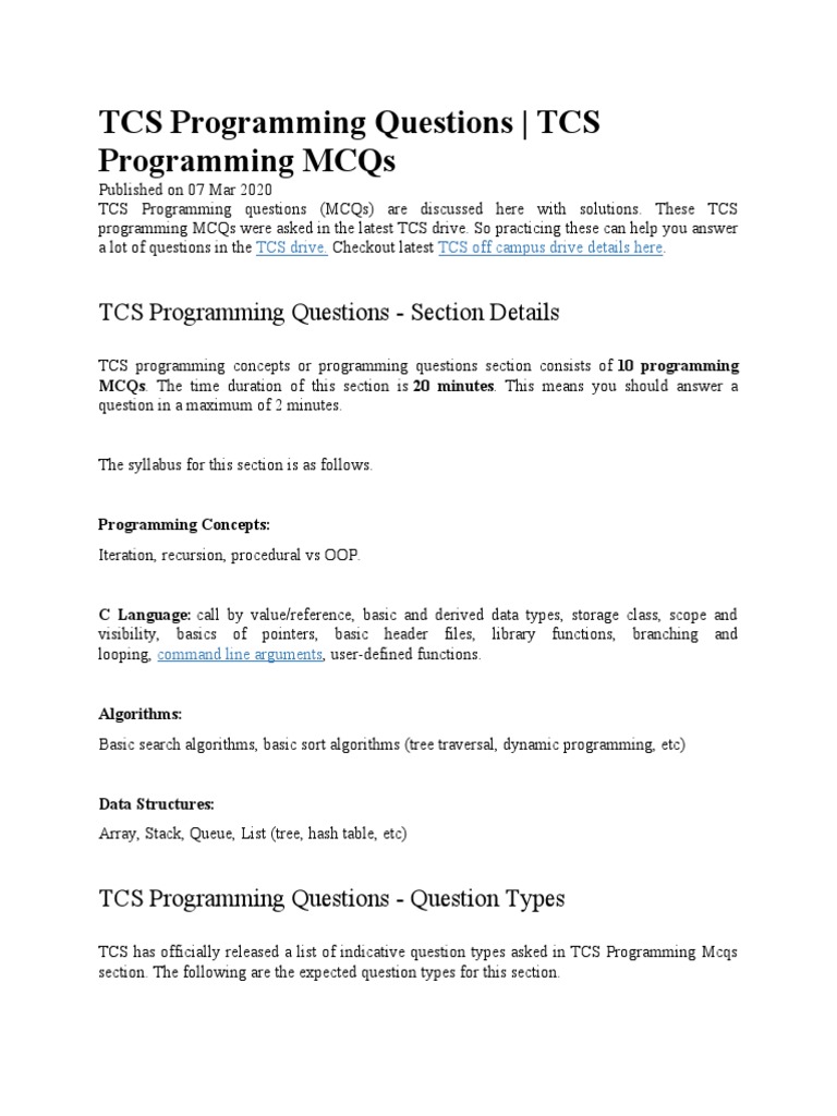 Tcs Programming Questions - Tcs Programming Mcqs | PDF | C (Programming Language) | Subroutine