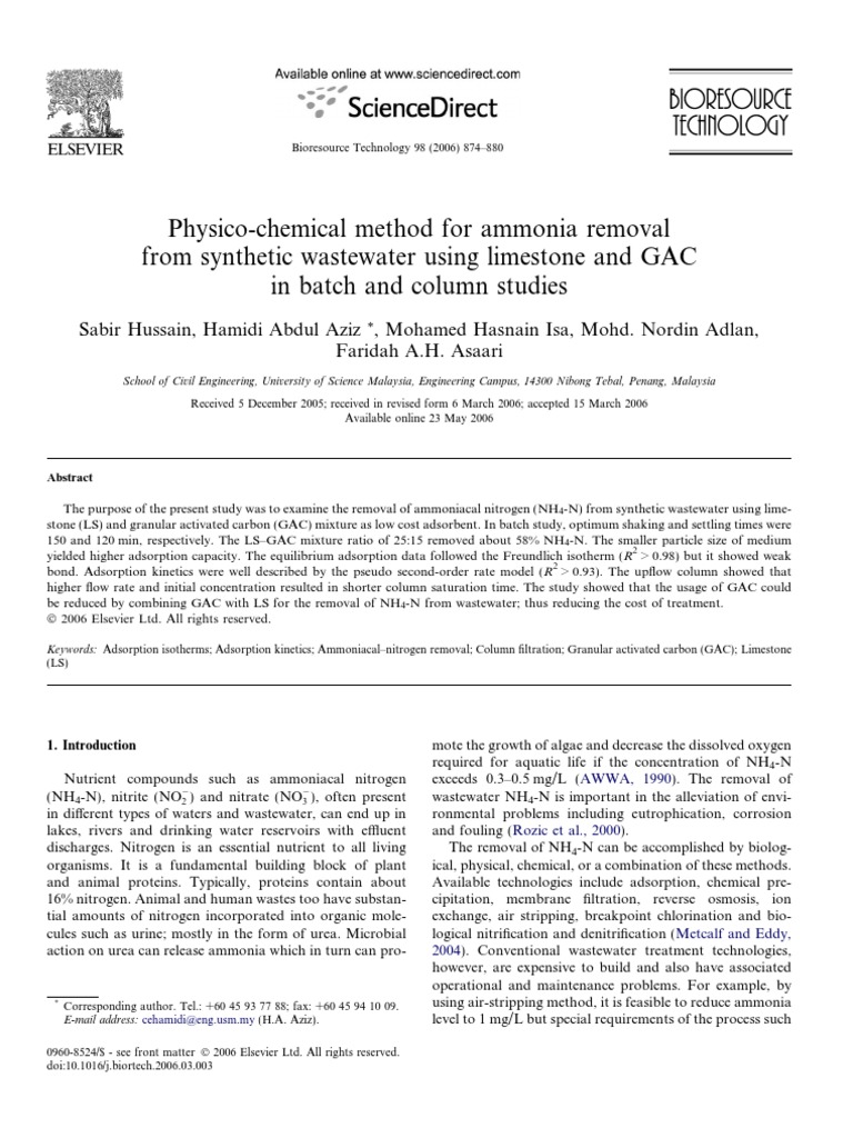 Physico-Chemical Method For Ammonia Removal From Synthetic Wastewater ...
