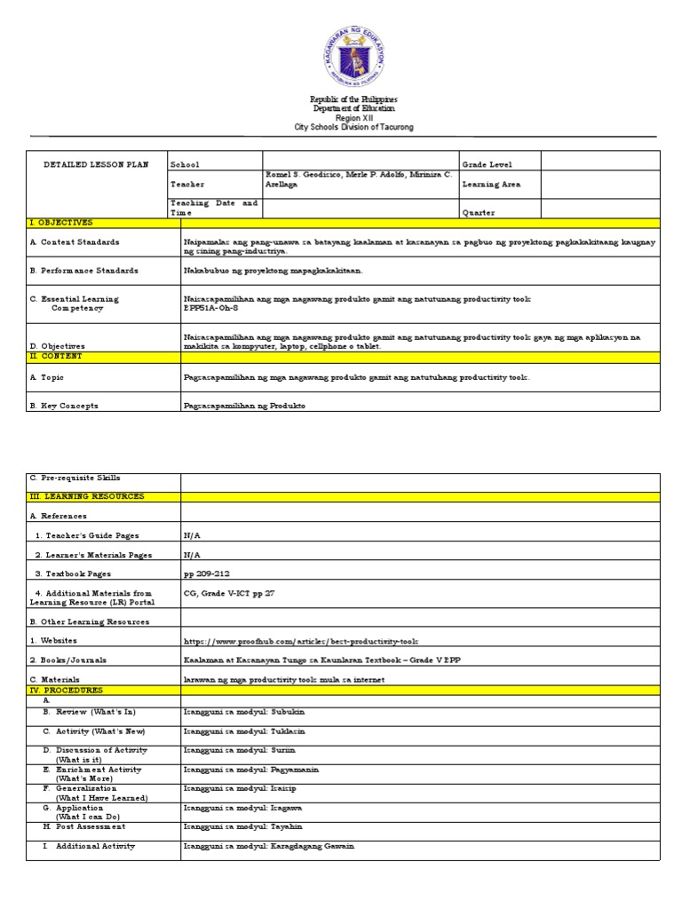 Detailed Lesson Plan School Grade Level Teacher Learning Area Teaching ...