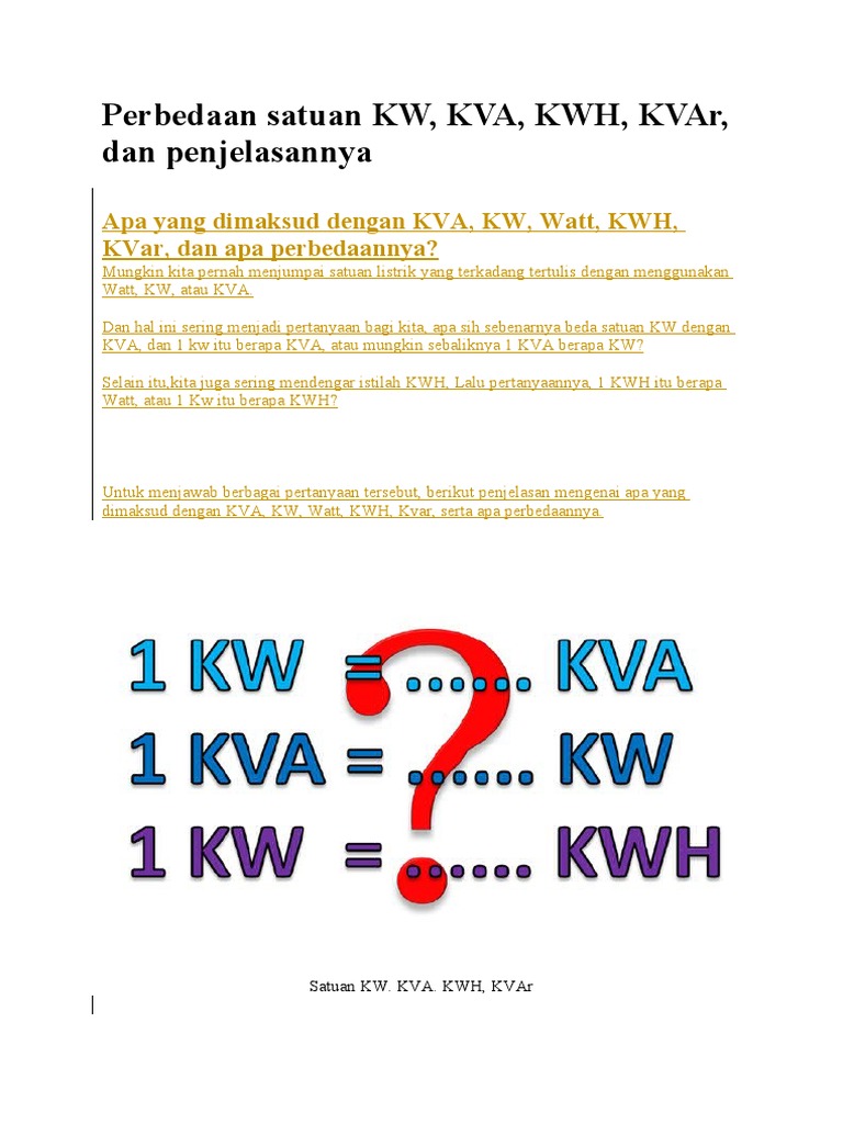 Perbedaan Satuan KW, KVA, KWH, KVAr, Dan Penjelasannya | PDF