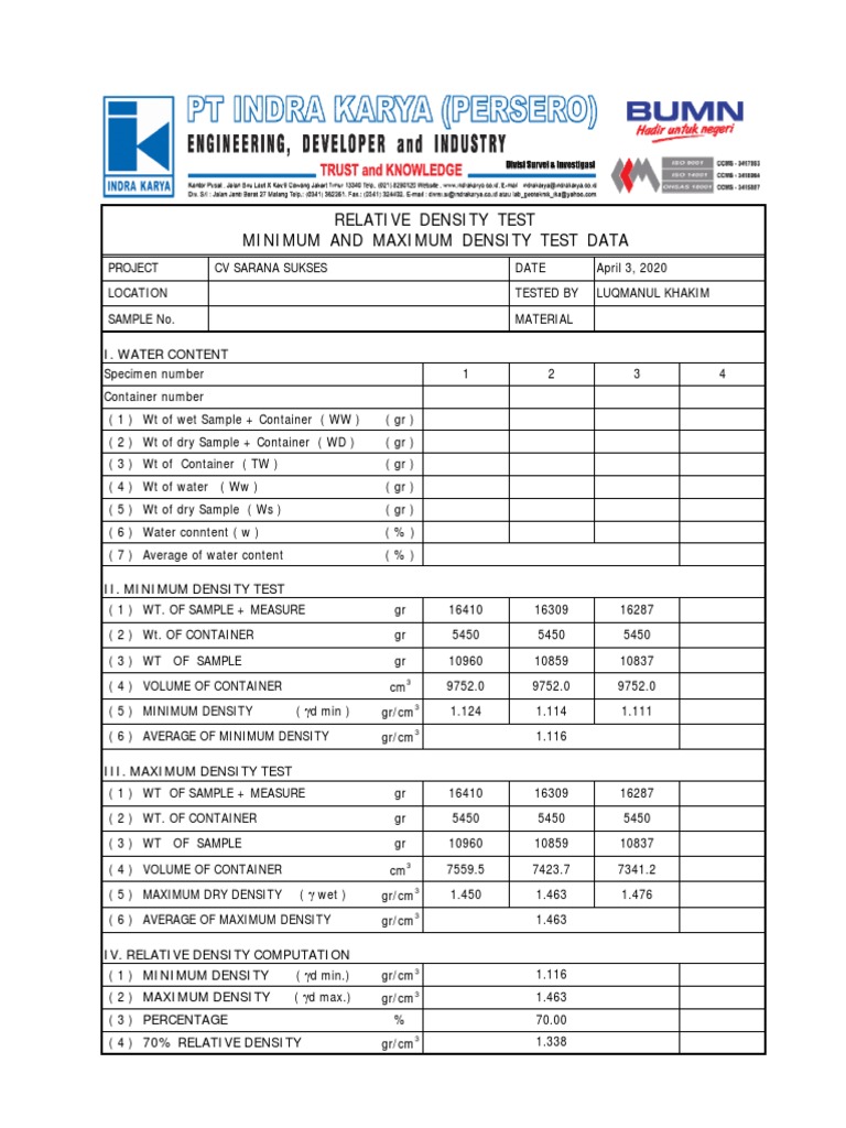 Relative Density Test Minimum and Maximum Density Test Data | PDF ...