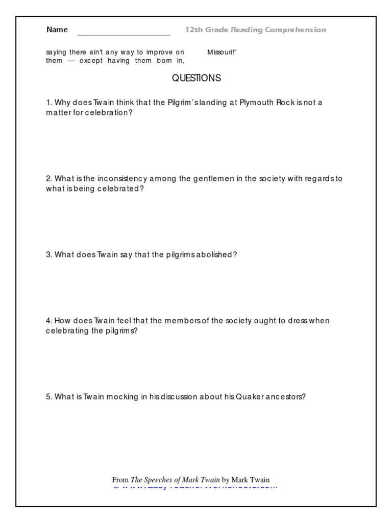 Questions: 12th Grade Reading Comprehension | PDF