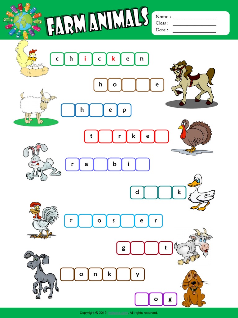 Farm Animals Esl Vocabulary Missing Letters in Words Worksheet For Kids ...