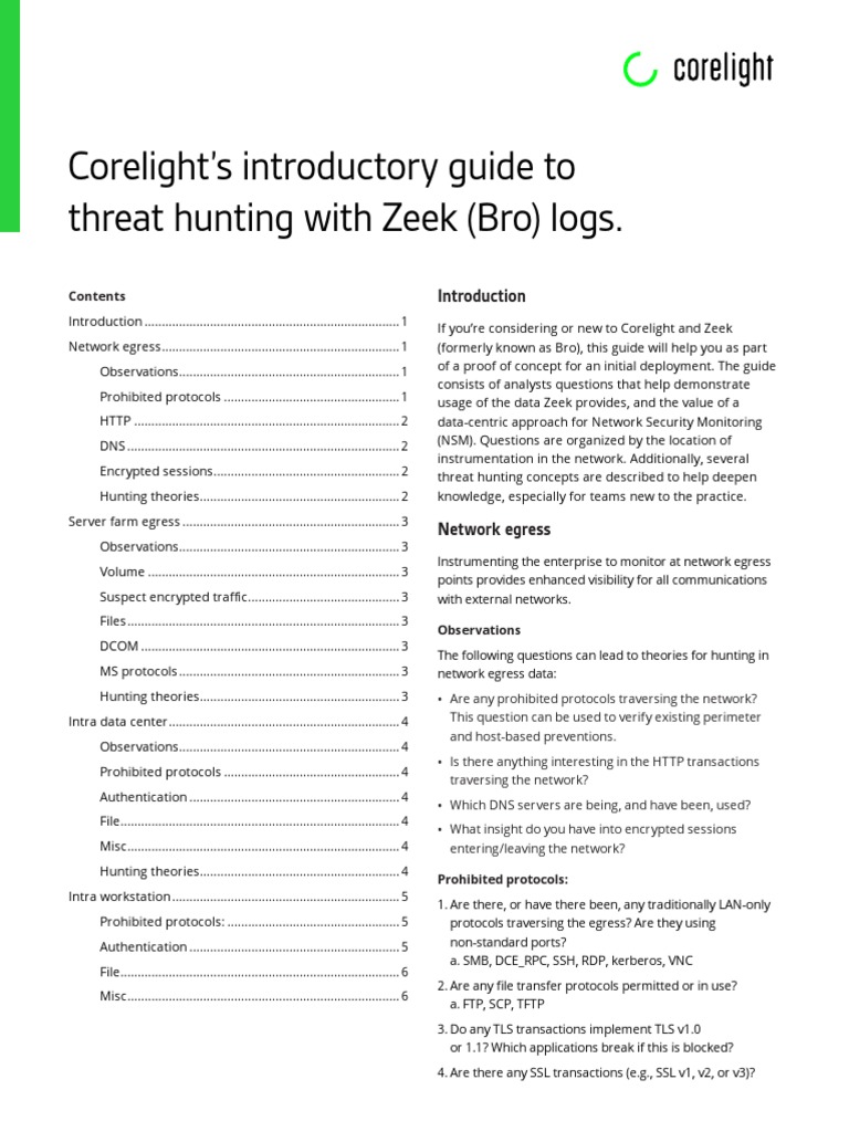 Corelight's Introductory Guide To Threat Hunting With Zeek (Bro) Logs | PDF | Transport Layer ...