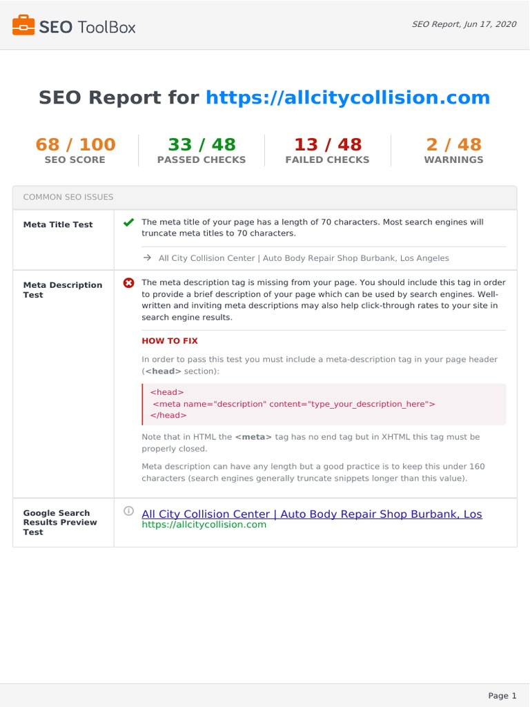 Report For All City Collision Auto Body Center Burbank | PDF