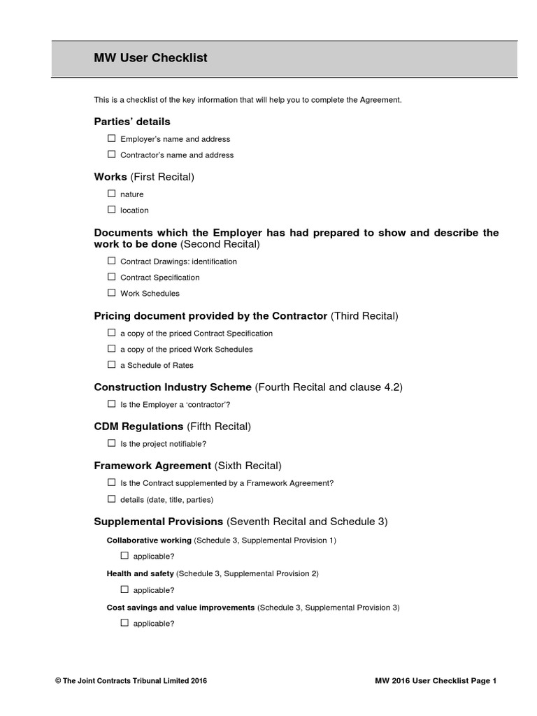 MW User Checklist: Collaborative Working (Schedule 3, Supplemental ...