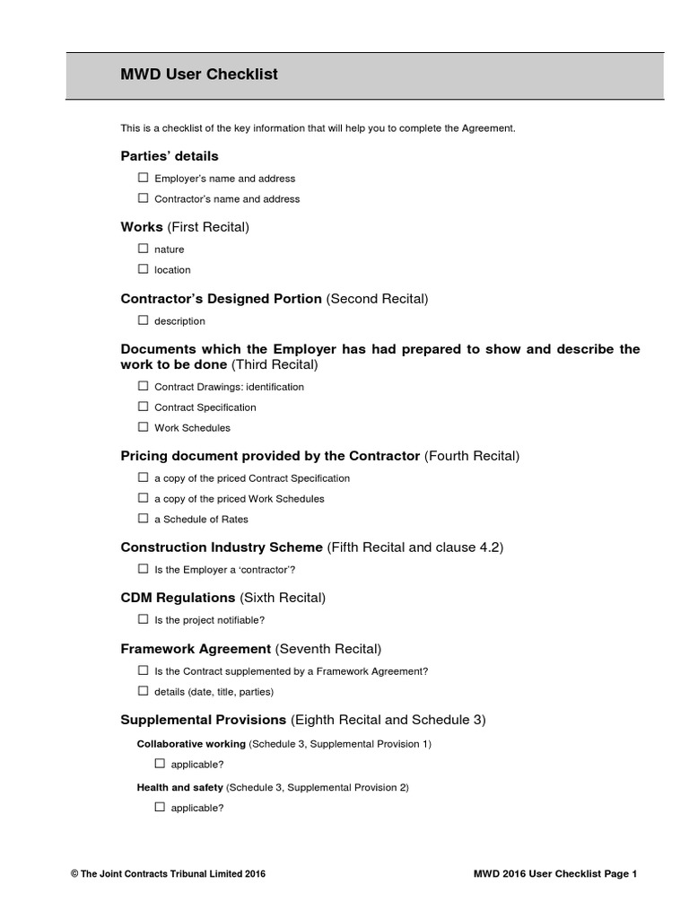 MWD User Checklist: Collaborative Working (Schedule 3, Supplemental ...