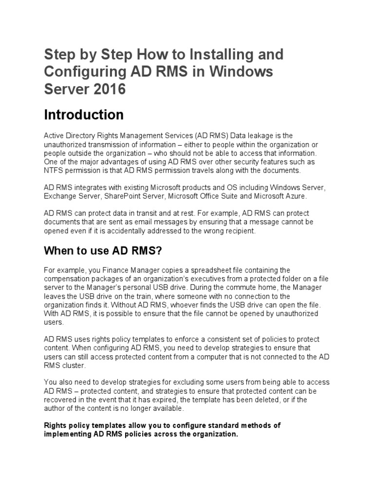Step By Step How To Installing And Configuring Ad Rms In Windows Server Part 1 Pdf Pdf 