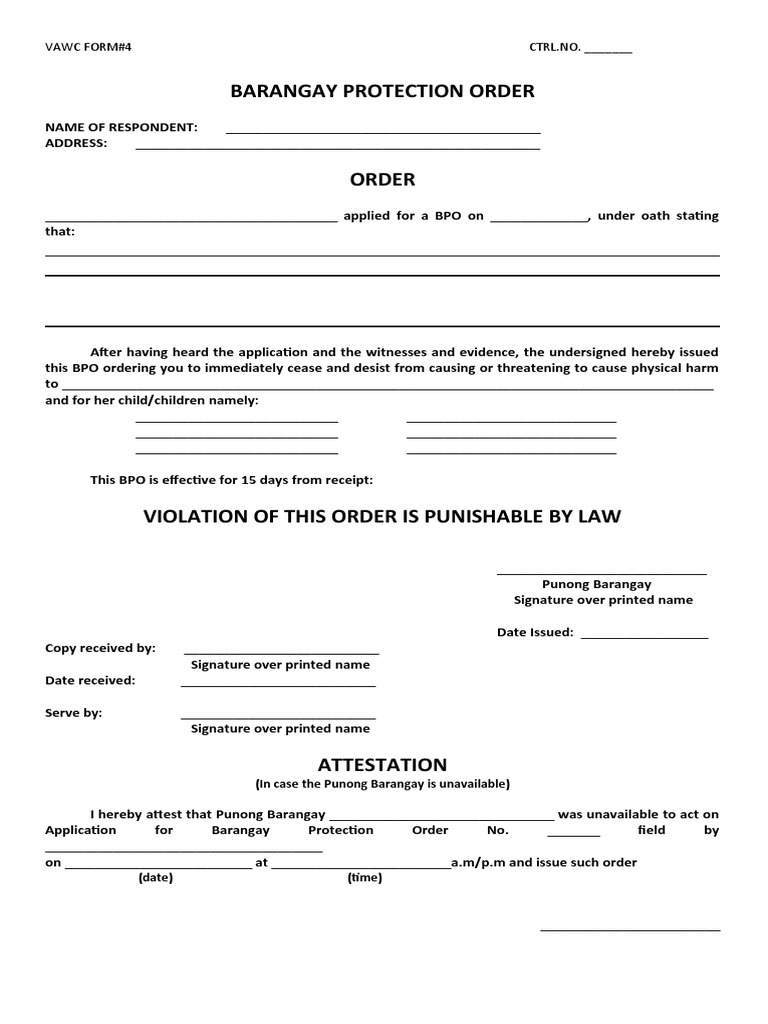 Barangay Protection Order: Vawc Form#4 CTRL - NO. | PDF | Virtue | Justice