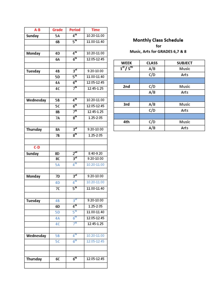Monthly Class Schedule: A-B Grade Period Time | PDF
