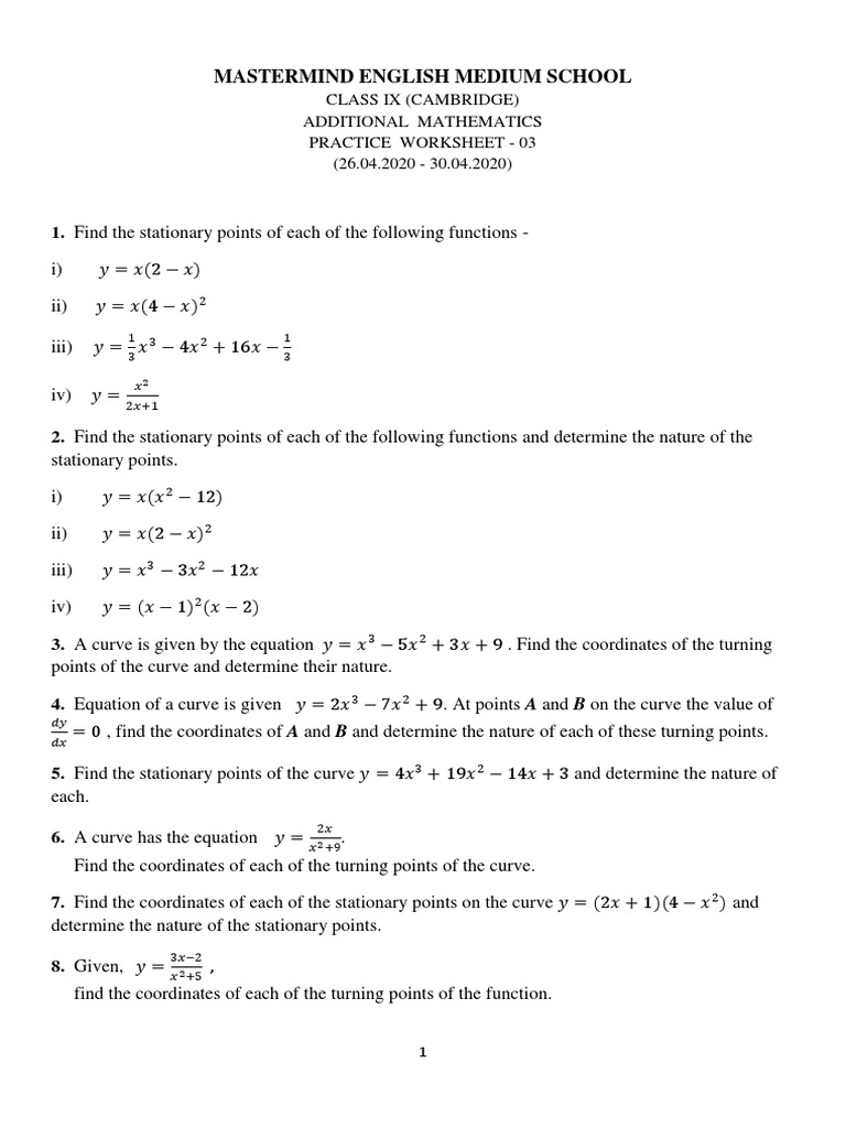 Nature of Stationary Points Worksheet | PDF