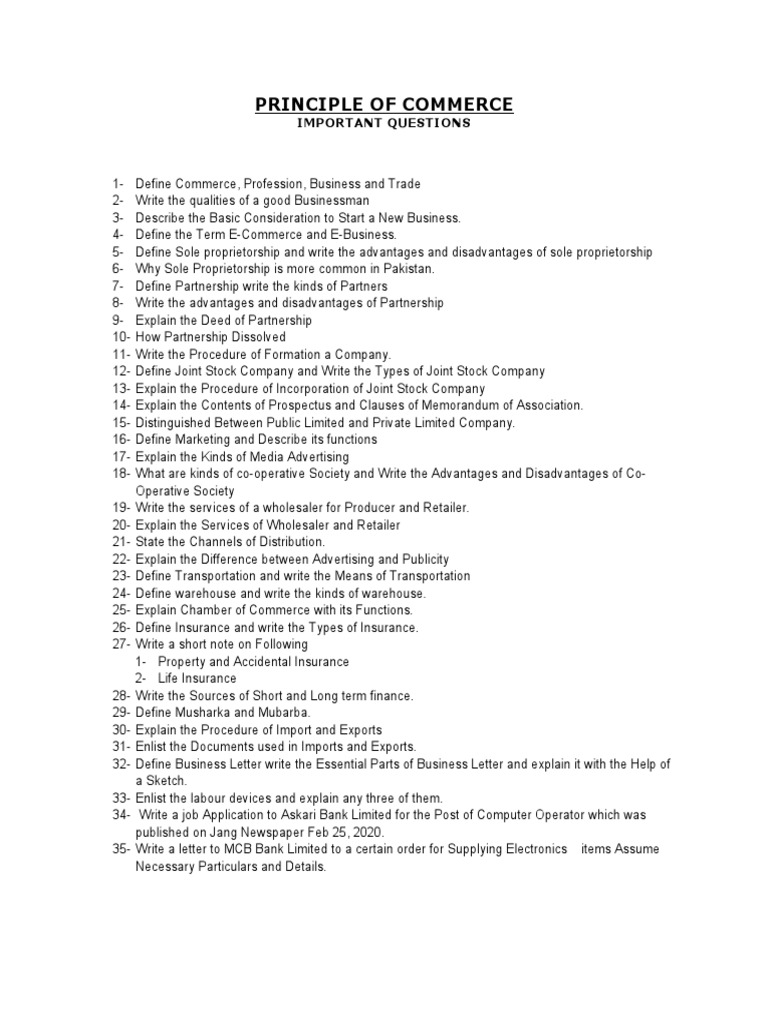 Principle of Commerce: Important Questions | PDF | Supply (Economics ...