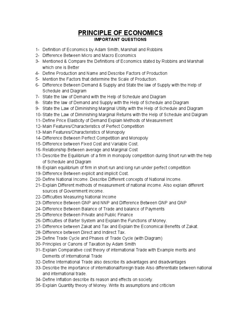 Principle of Economics: Important Questions | PDF | Supply And Demand ...