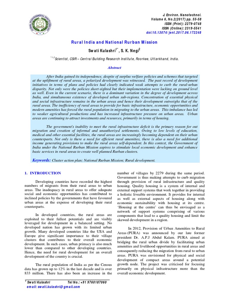 National Rurban Mission Overview | PDF | Infrastructure | Economic ...