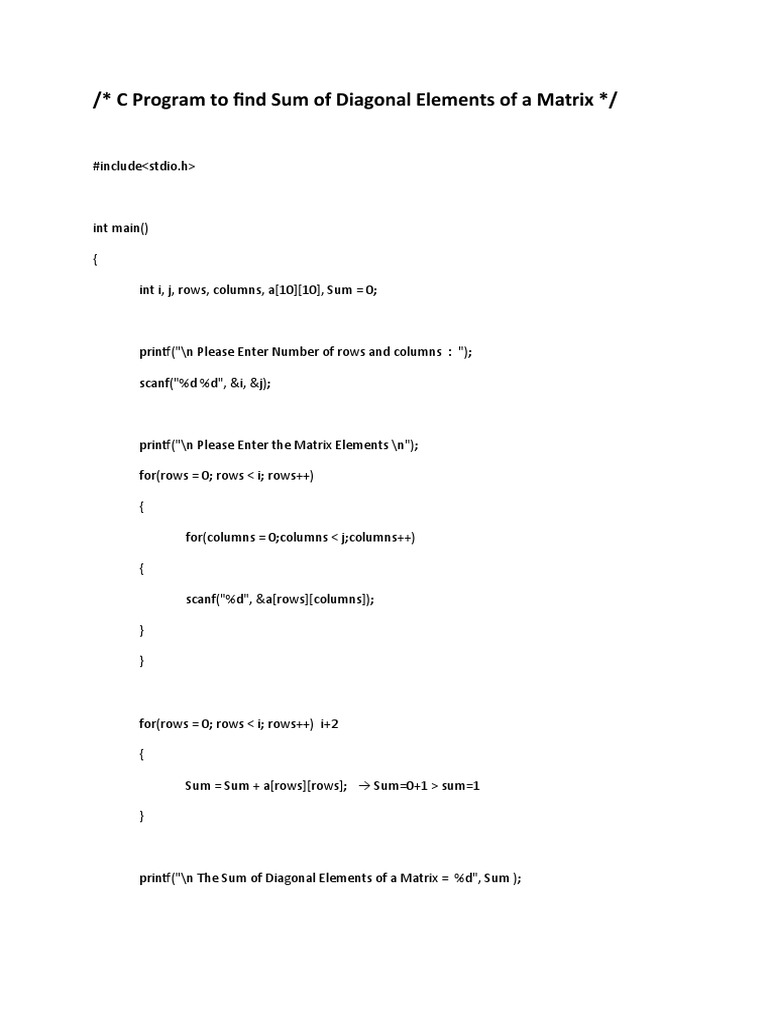C Program To Find Sum Of Diagonal Elements Of A Matrix Pdf Integer Computer Science