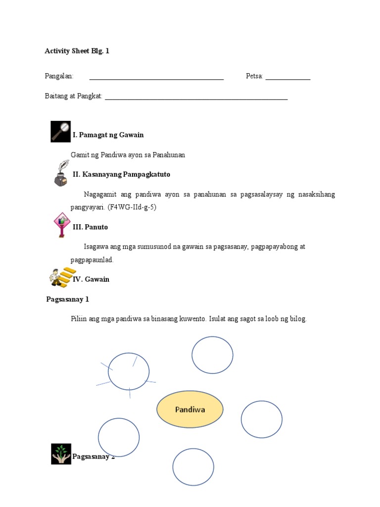 Sample Activity Sheets For Grade 1 3 Written in Filipino | PDF