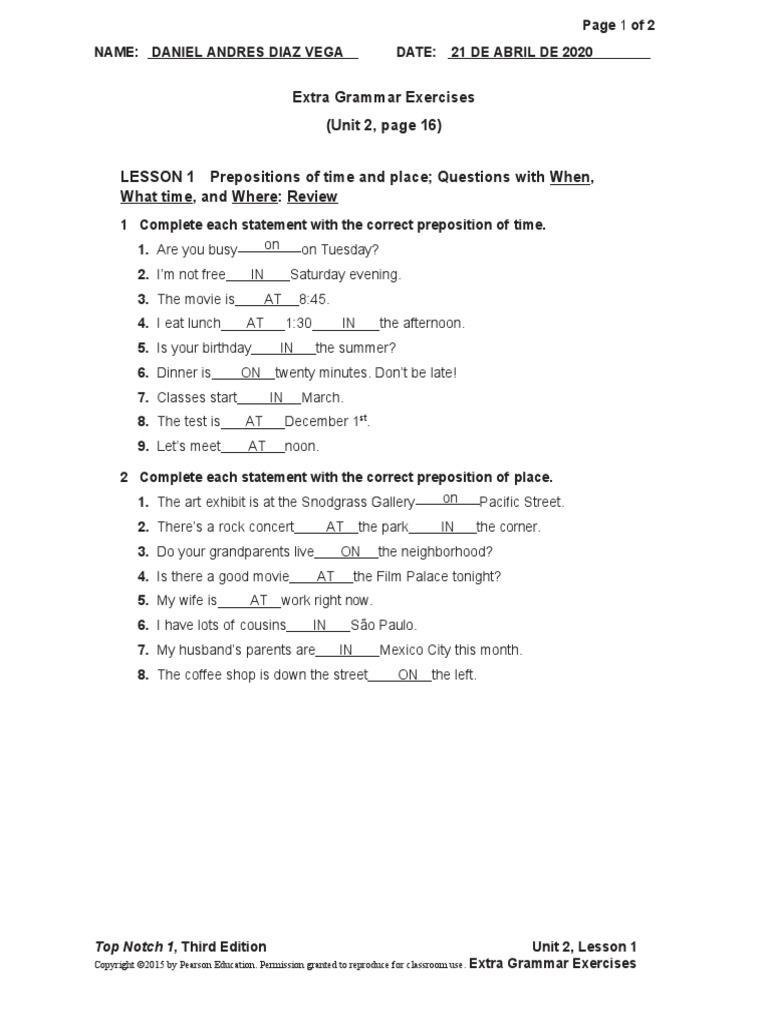 Extra Grammar Exercises (Unit 2, Page 16) : Top Notch 1, Third Edition | PDF