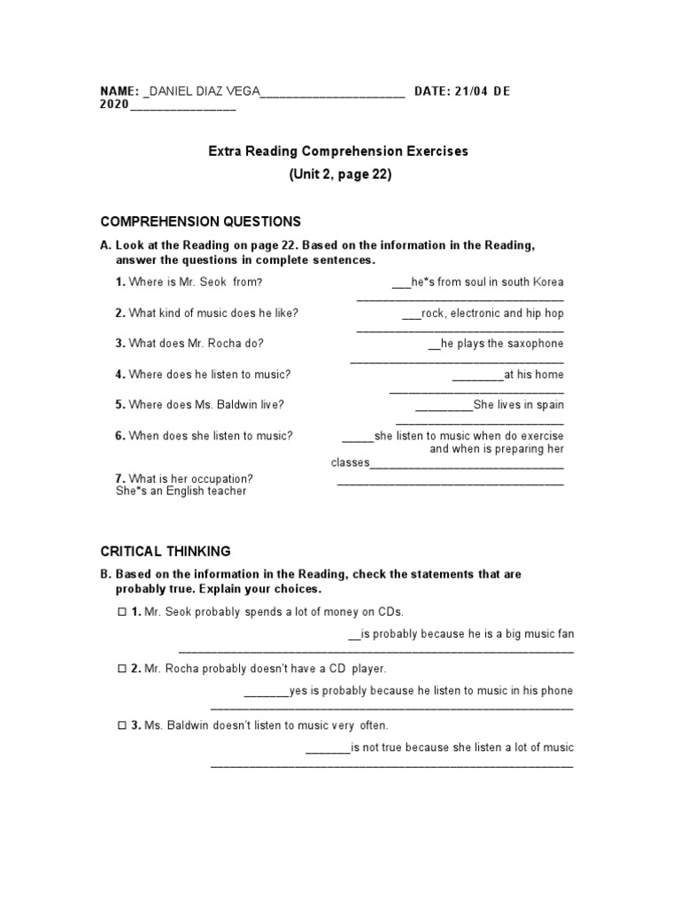 Extra Reading Comprehension Exercises (Unit 2, Page 22) | PDF ...