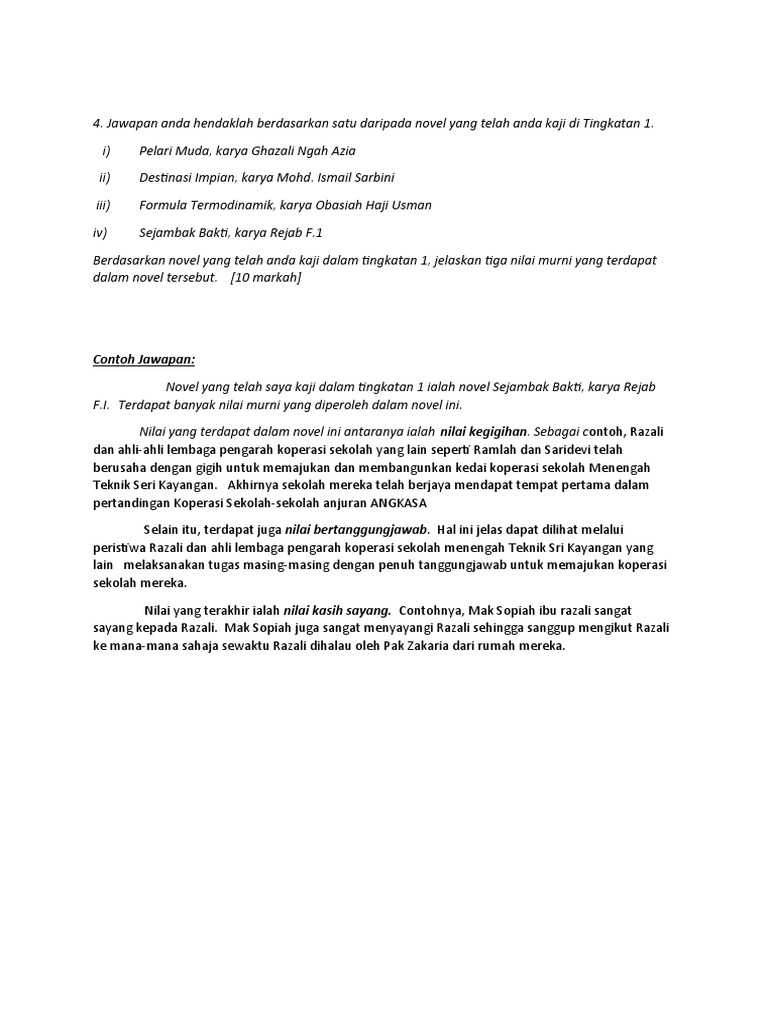 Contoh Soalan Dan Jawapan Novel Ting 1 | PDF
