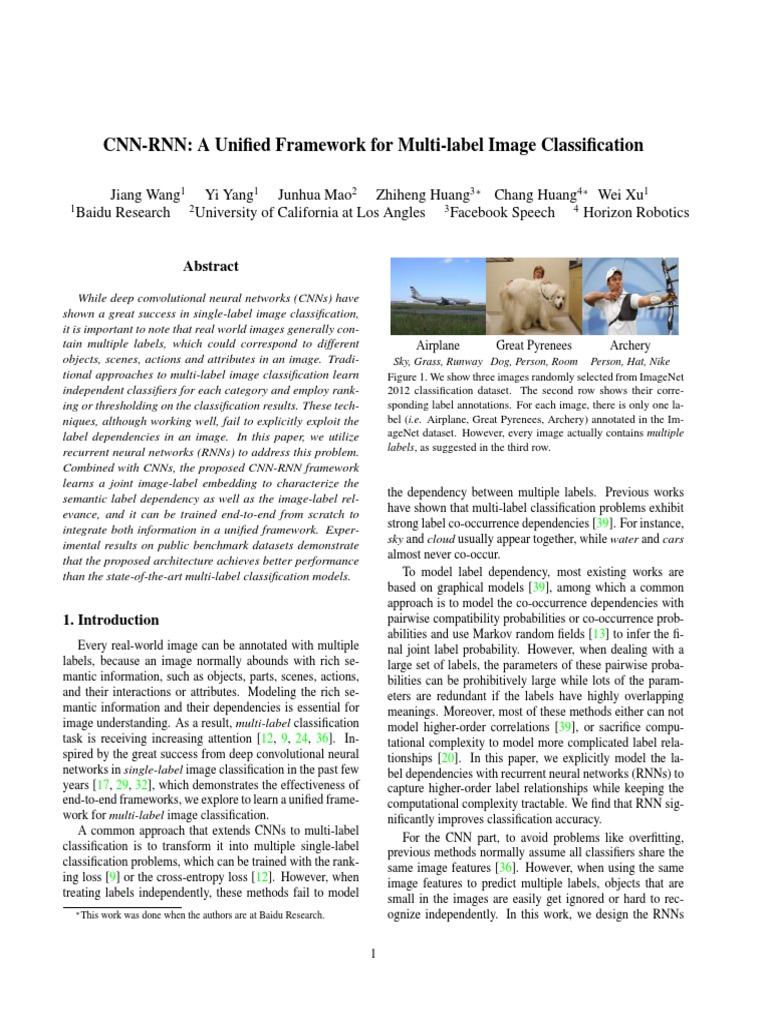 CNN-RNN: A Unified Framework For Multi-Label Image Classification | PDF ...