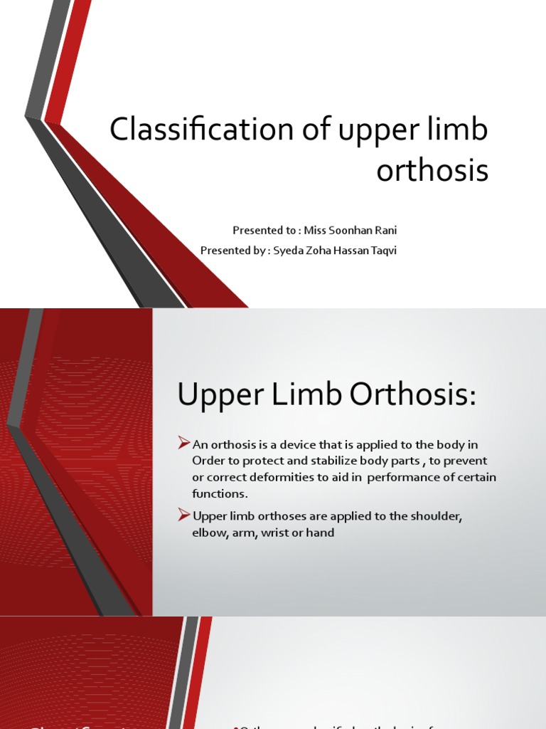 Classification of Upper Limb Orthosis: Presented To: Miss Soonhan Rani ...