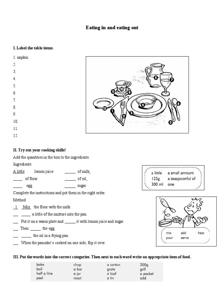 Eating in and Eating Out: I. Label The Table Items | PDF