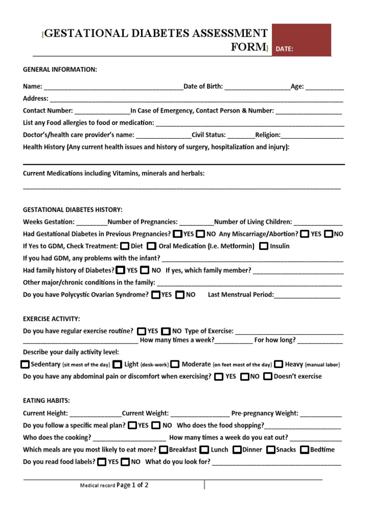 Gestational Diabetes Assessment Form | PDF | Gestational Diabetes ...