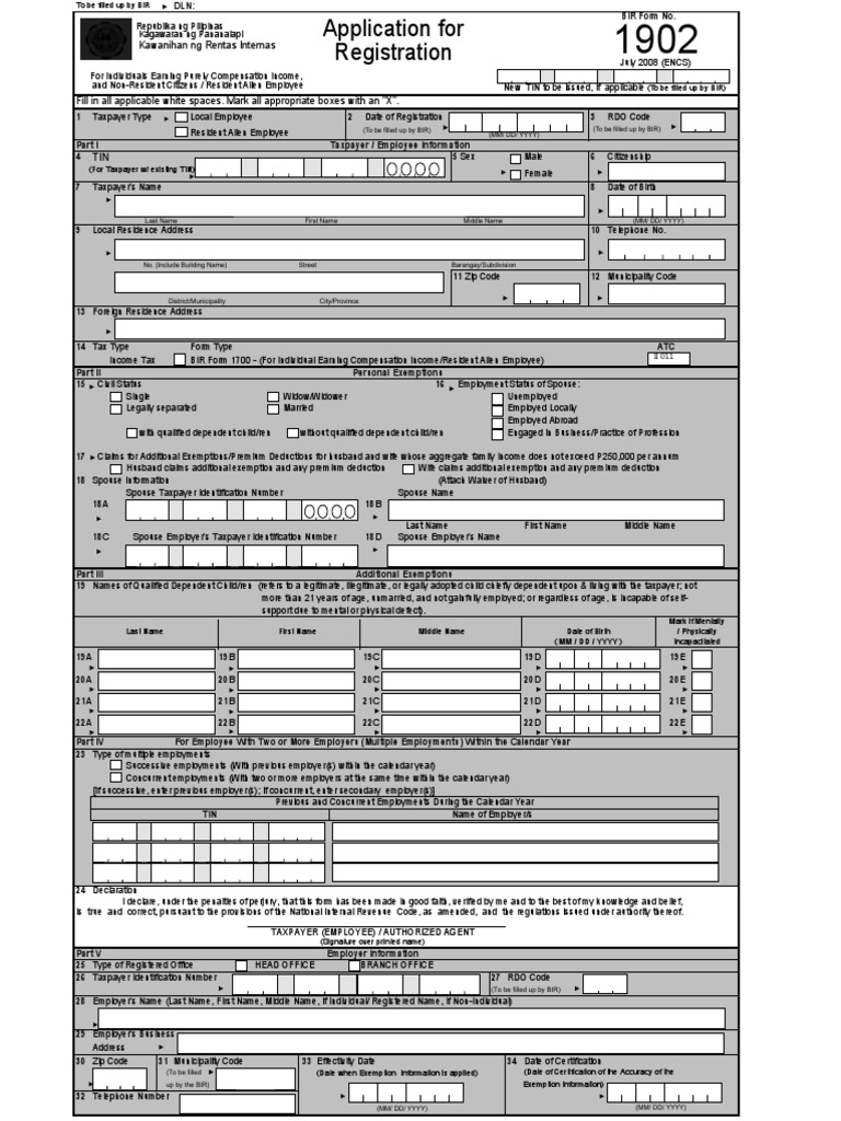 BIR FORM NO 1902 Application For Registration | PDF | Taxpayer ... BIR FORM NO 1902 Application For Registration | PDF | Taxpayer ...