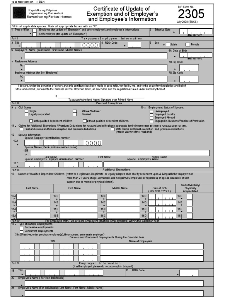 BIR FORM NO. 2305 Certificate of Update of Exemption and Employers and ...