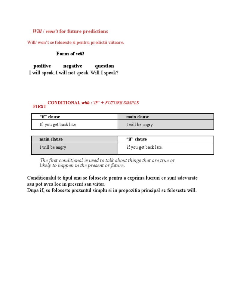Form of Will Positive Negative: Will / Won't For Future Predictions | PDF