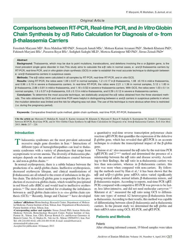 Comparisons Between RT-PCR, Real-Time PCR, and in Vitro Globin Chain ...