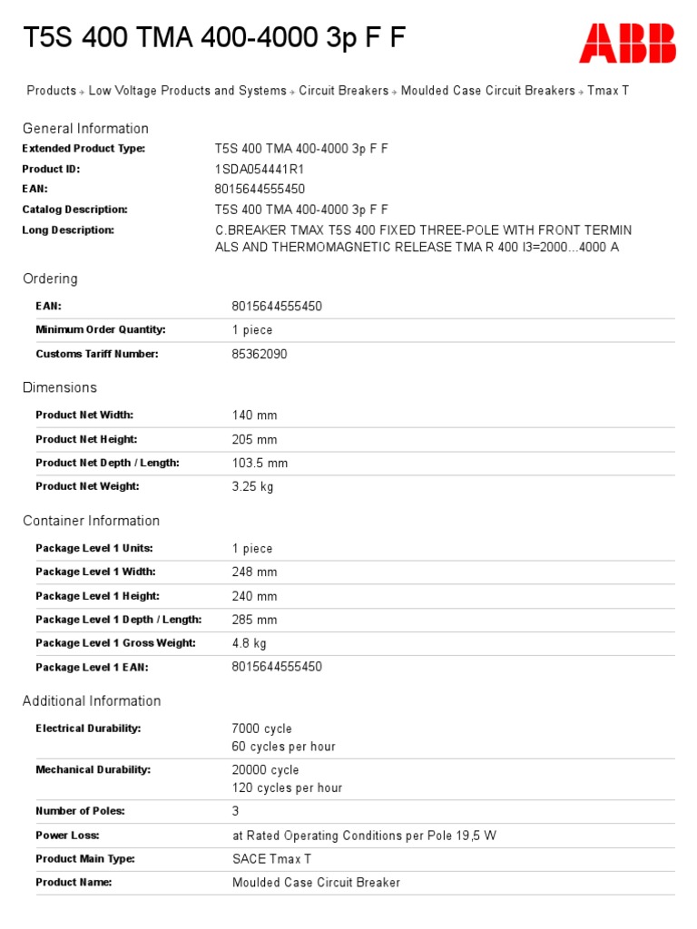 T5S 400 Circuit Breaker Specifications | PDF | Electrical Engineering ...