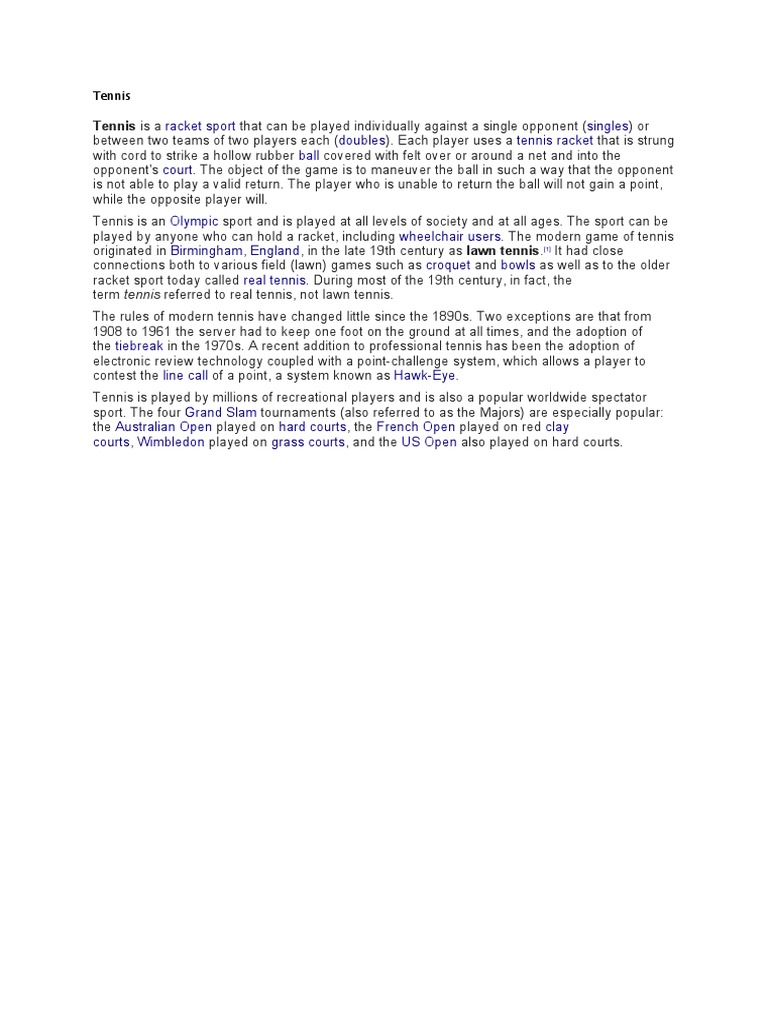 Overview of Tennis: Rules and History | PDF | Sports & Recreation ...