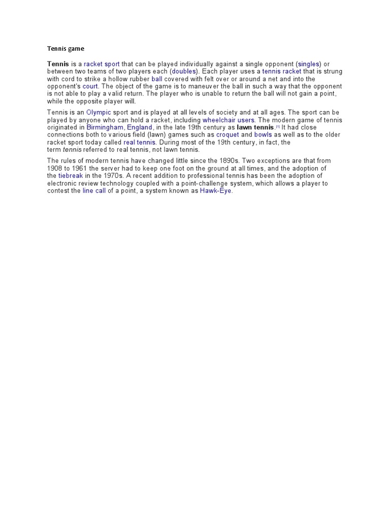 Tennis Game: Racket Sport Singles Doubles Tennis Racket Ball Court | PDF