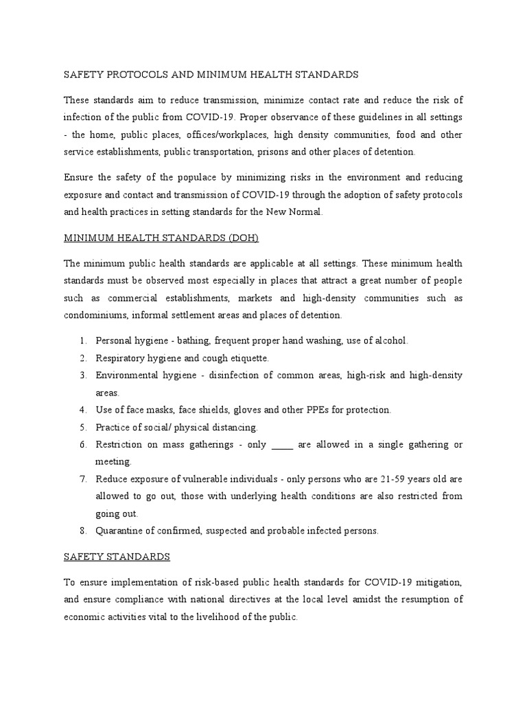 Safety Protocols and Minimum Health Standards | PDF | Hygiene ...