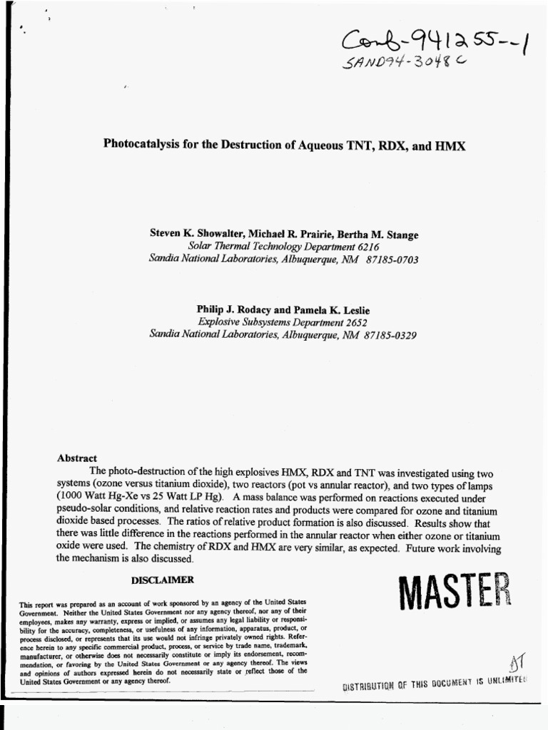 Photocatalysis The Destruction Aqueous TNT, RDX, and HMX: For of | PDF ...