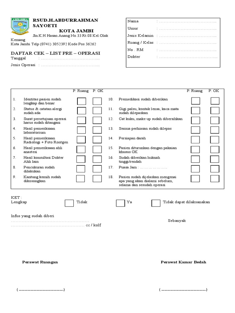 Daftar Cek Persiapan Operasi | PDF