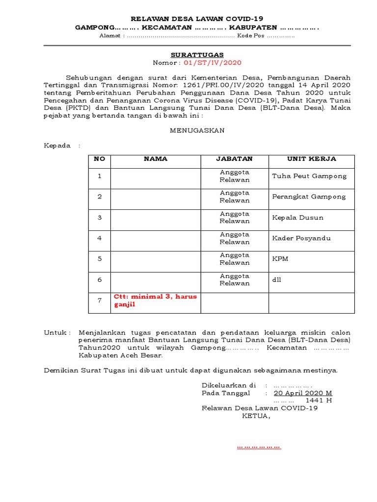 1 CONTOH Surat Tugas Pendata BLT-DDs | PDF