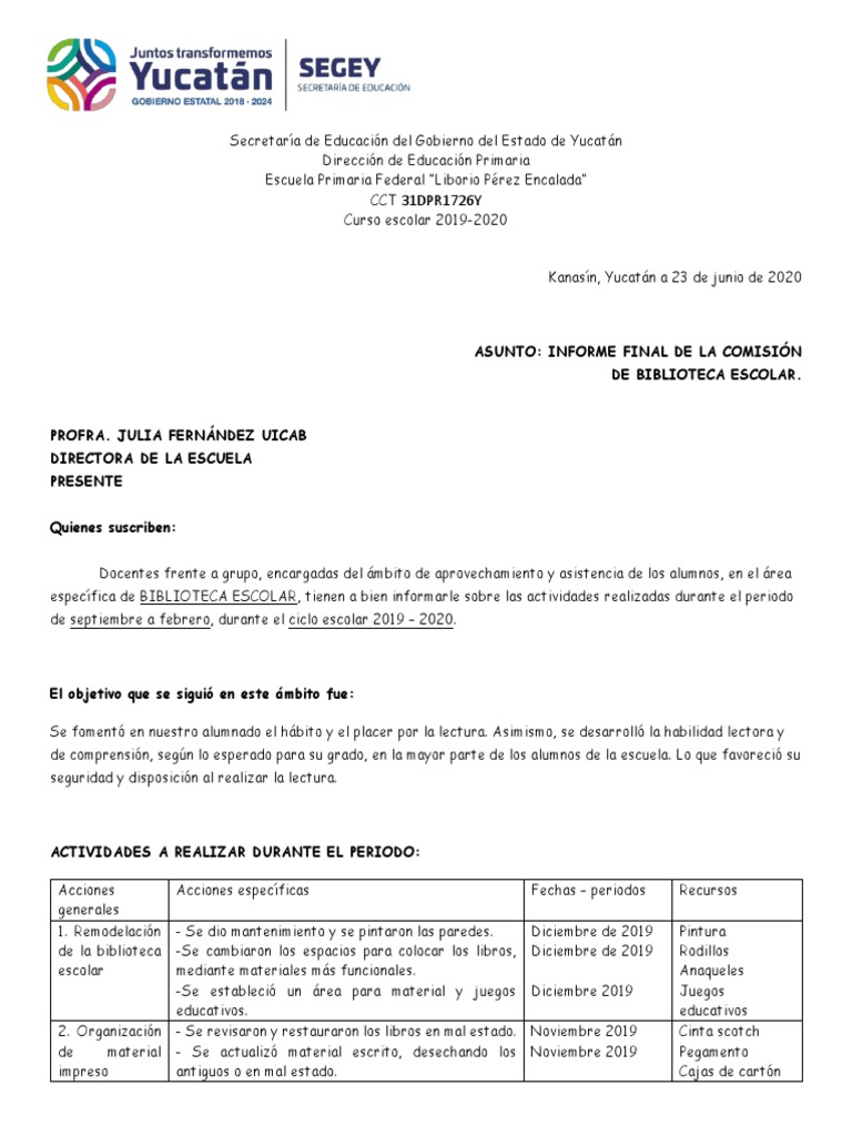 Informe Final Biblioteca 19-20 | PDF | Educación primaria | Aprendizaje