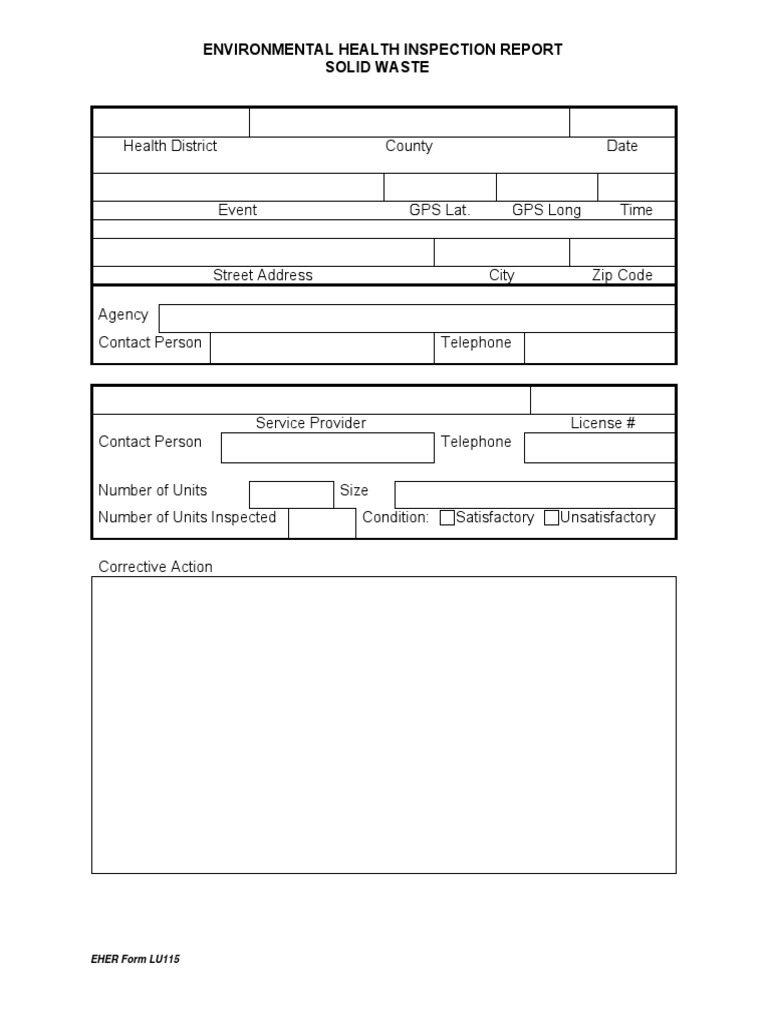 Environmental Health Inspection Report Solid Waste: EHER Form LU115 | PDF