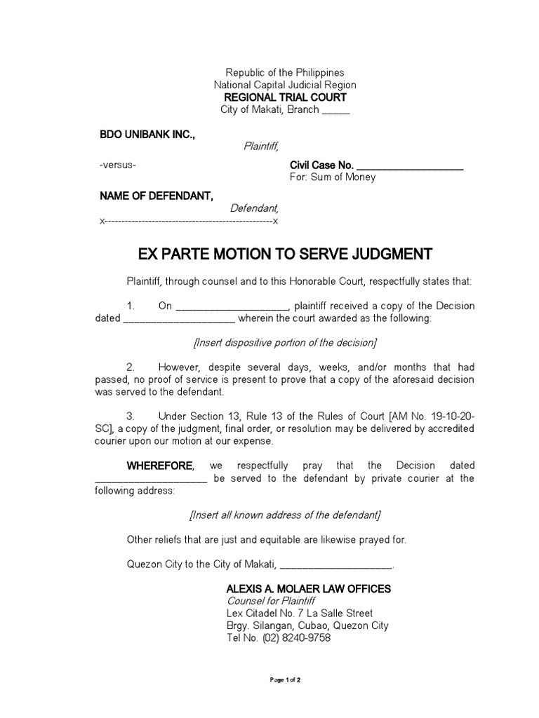Sample Ex Parte Motion To Serve Judgment | PDF