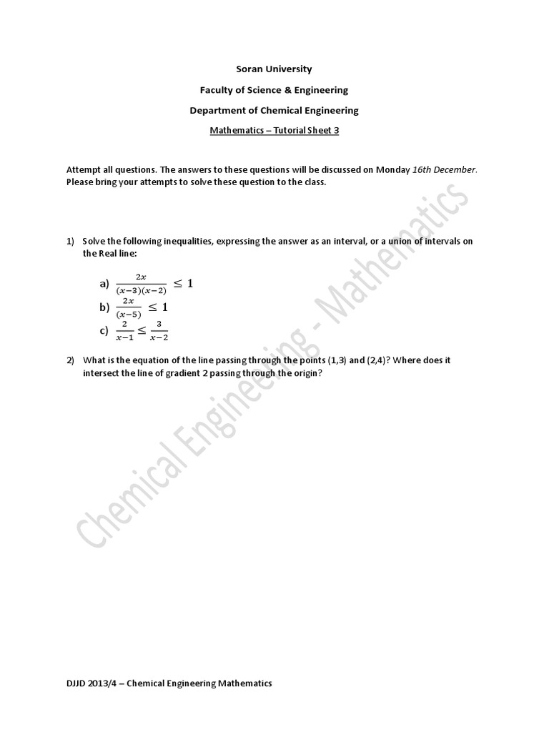 Chemical Engineering - Mathematics - Tutorial Sheet 3 | PDF