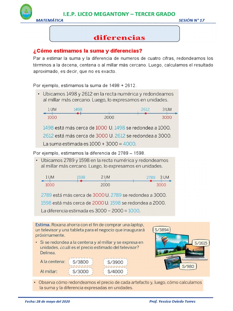 Sesion #17 Matematica - Estimacion de Sumas y Diferencias | PDF