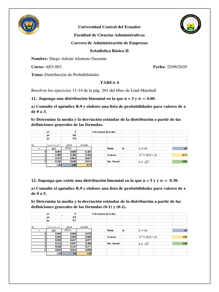 Tarea 4. Distribución Binomial | PDF | Análisis estadístico | Enseñanza de matemática