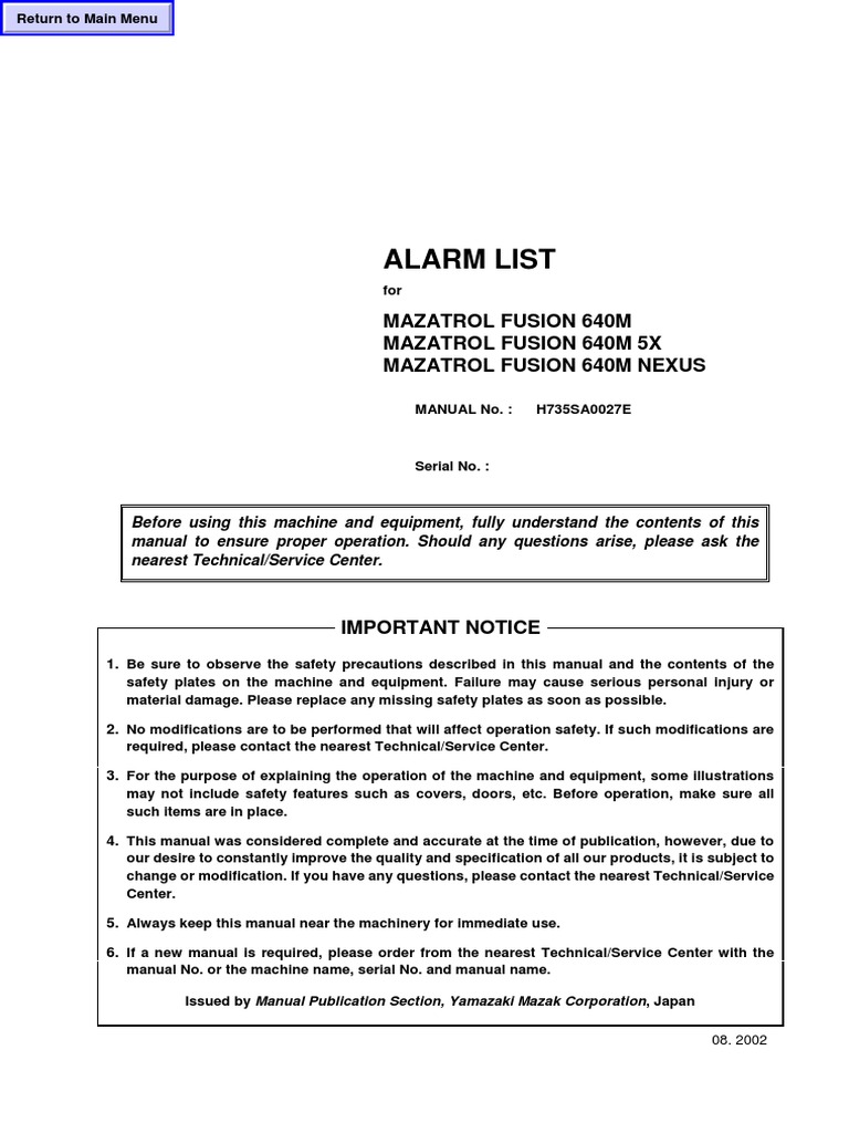 Return to Main Menu Alarm List | PDF | Machining | Manufactured Goods