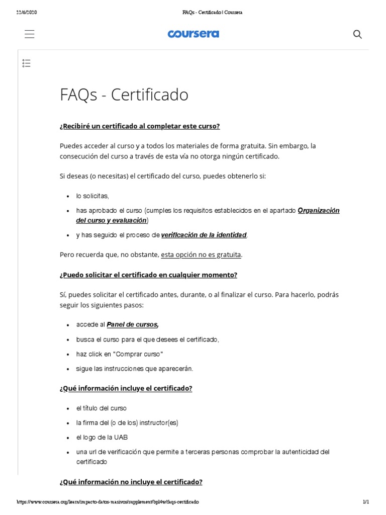 FAQs - Certificado - Coursera | PDF
