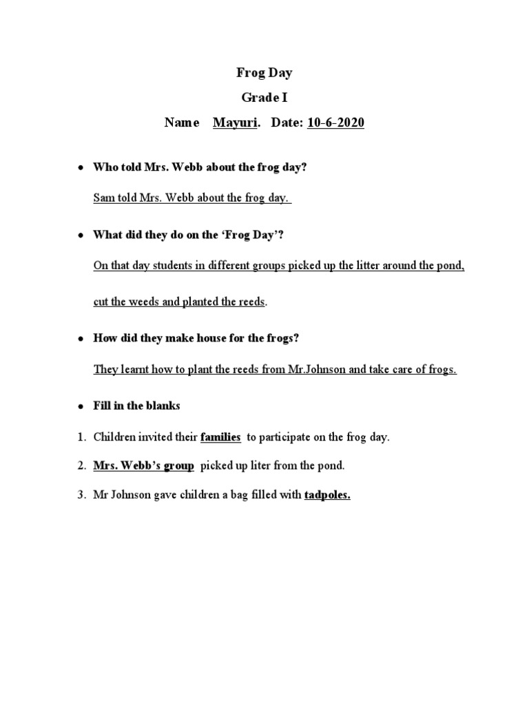 Frog Day Grade 1 | PDF