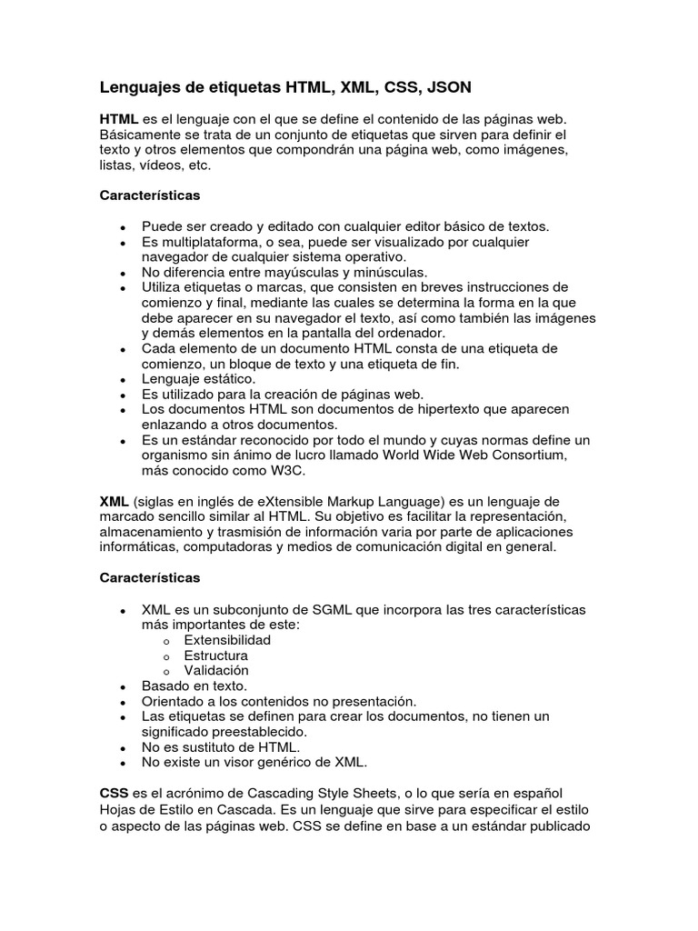 Lenguajes de Etiquetas HTML, XML, CSS, JSON | PDF | Xml | Hojas de ...
