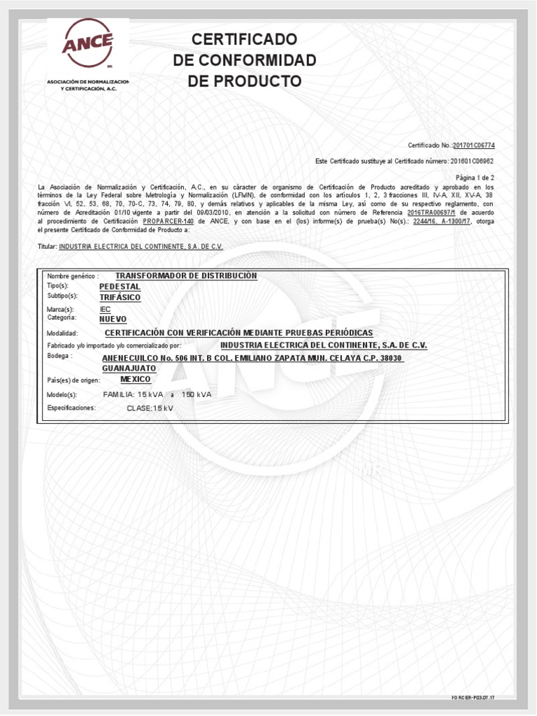 Certificado de Conformidad ANCE 2017 | PDF | Business