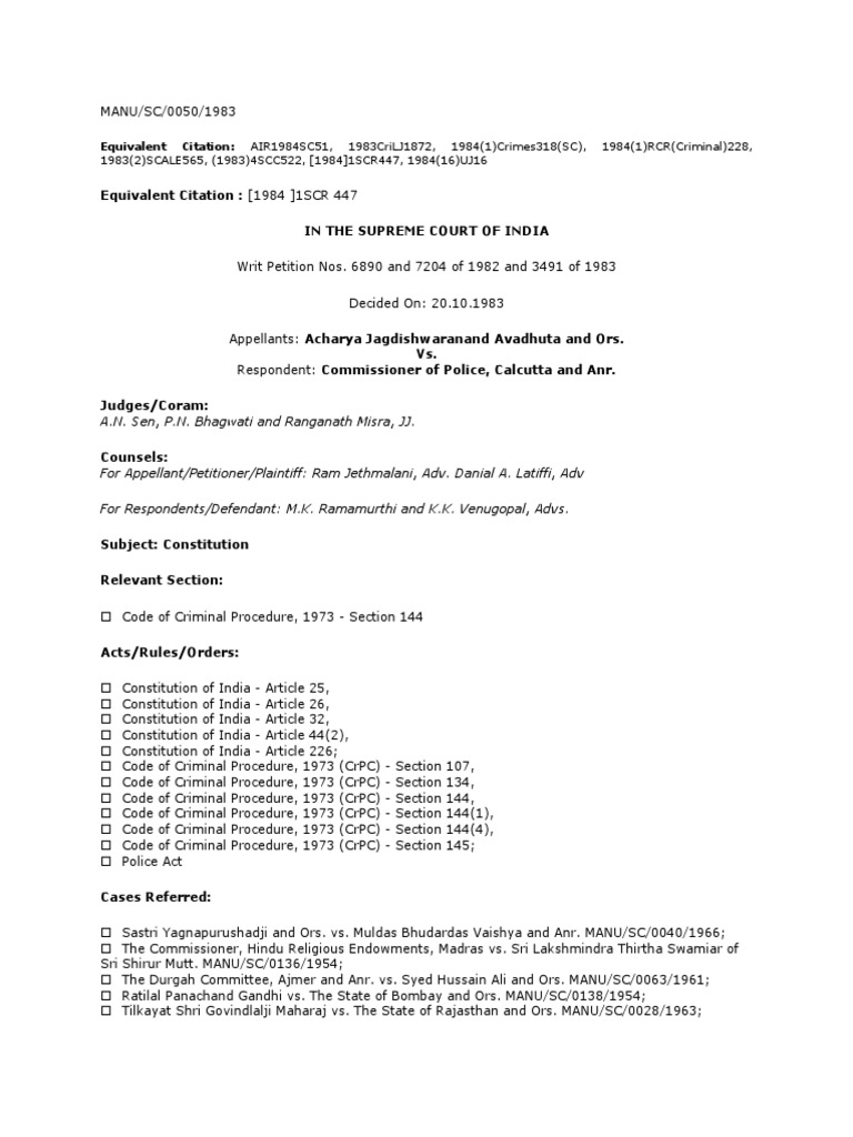 Acharya Jagdhishananda Avadhuta v. Commissioner of Police, Calcutta ...